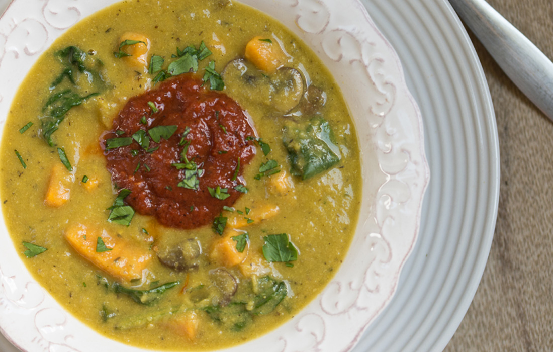 Corn and Sweet Potato Chowder with Saffron and Smoky Pepper Coulis ...