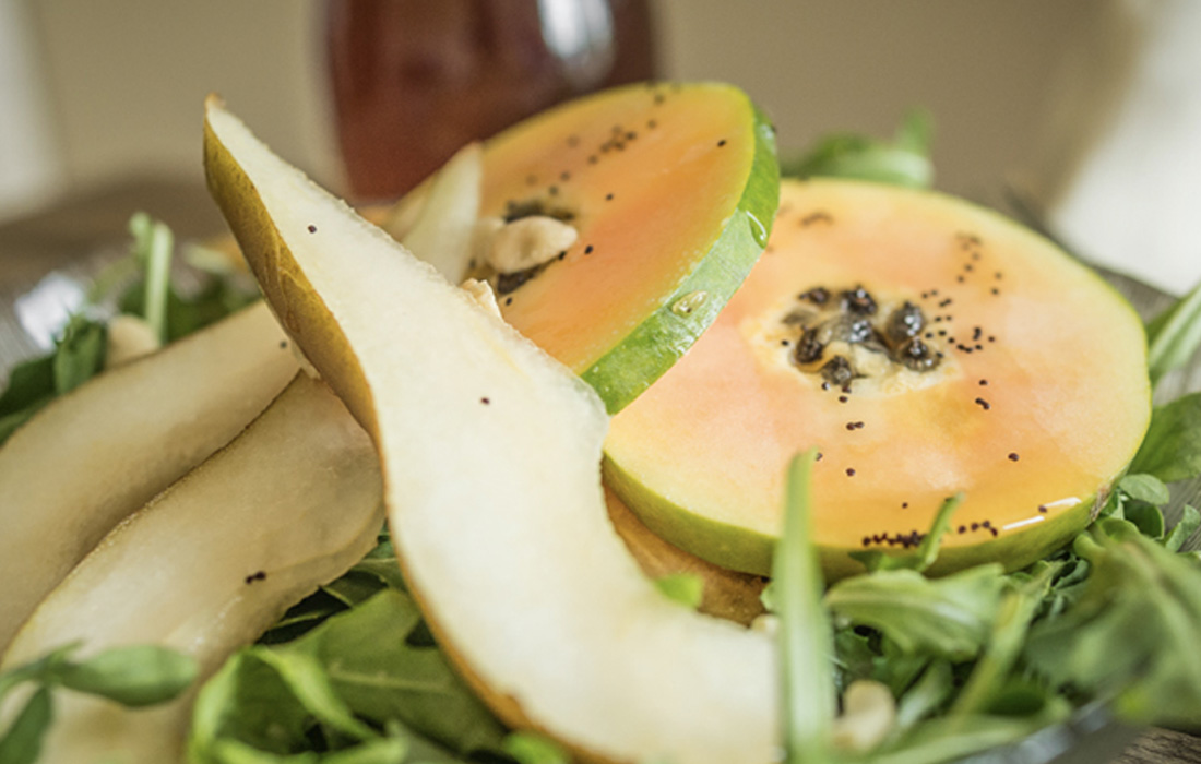 Fruit Salad with Passion Fruit Vinaigrette and Arugula | DrFuhrman.com